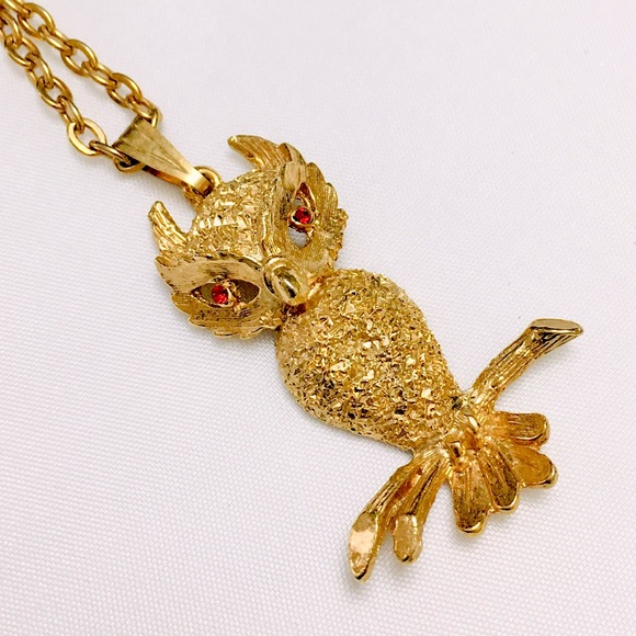 Jewelry | Awesome Gold Ruby Red Crystal Eye Owl Necklace | Poshmark